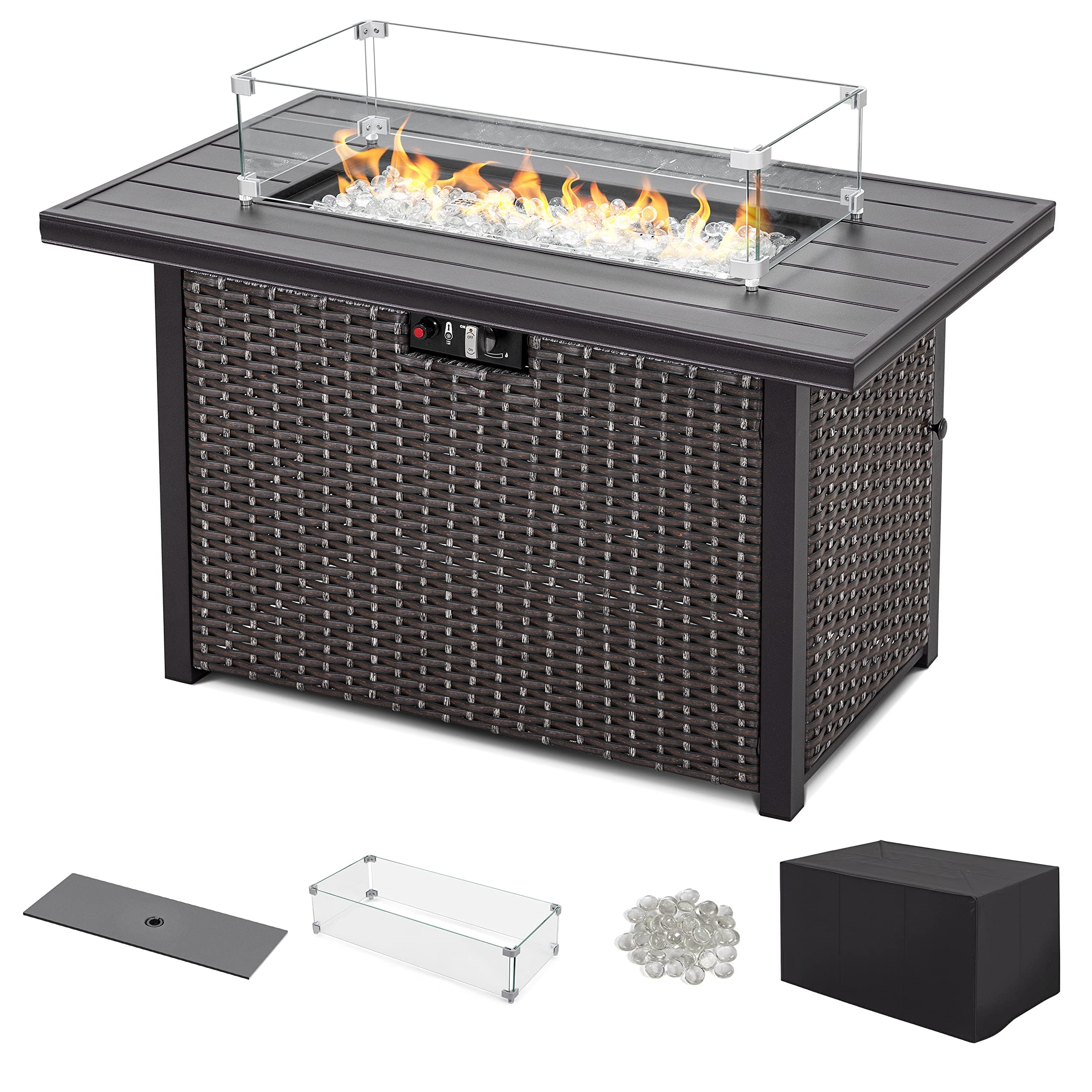 Nuu Garden Outdoor 43-inch 50,000 BTU Propane Gas Fire Pit Table, Aluminum Tabletop and PE Rattan Weaved Steel Frame, Water-Proof Oxford Cover, Glass Fire Pit Wind Guard, Glass Beads, Lid, Dark Brown