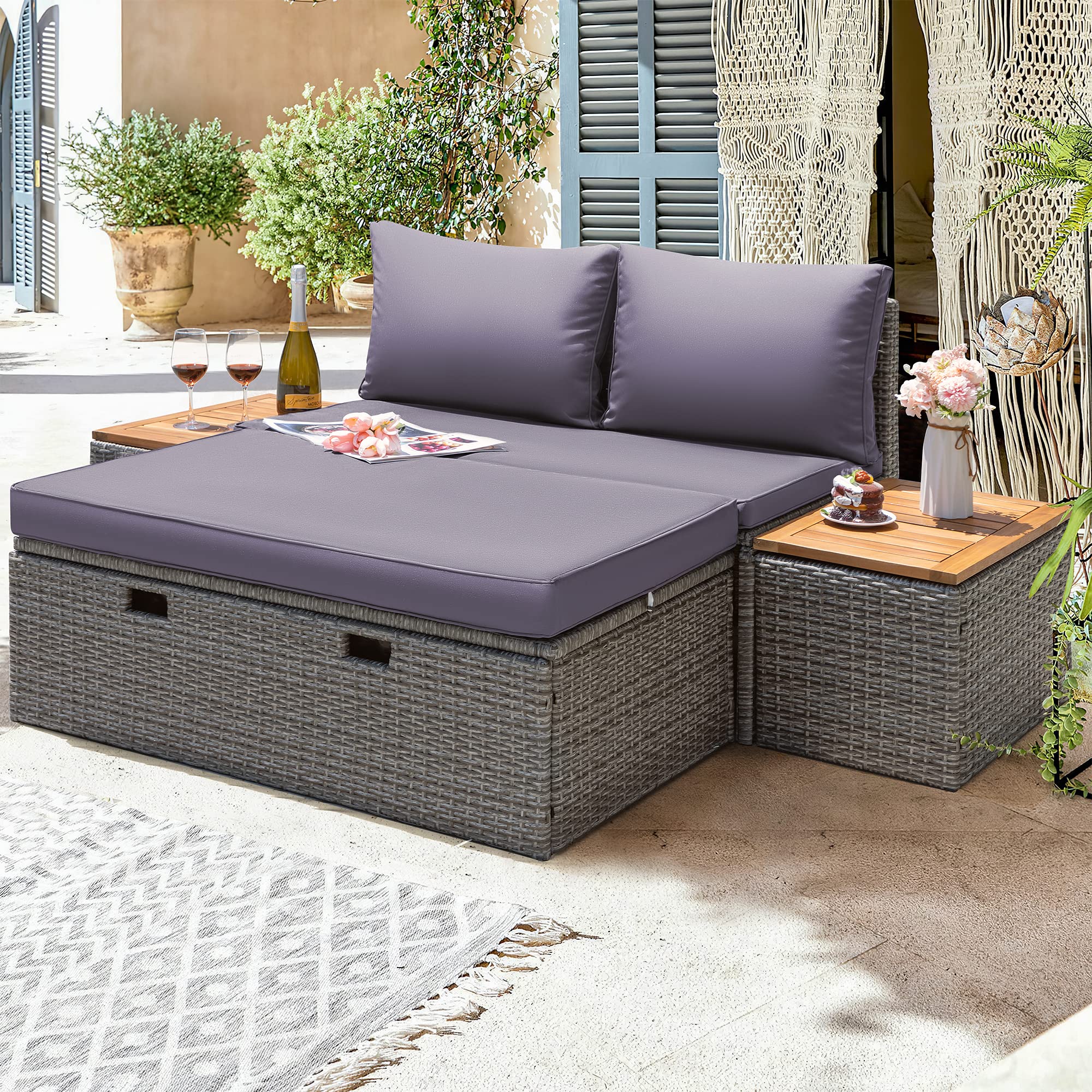 Greesum Patio Furniture Set Multifunctional Outdoor Sectional Sofa Rattan Chaise Lounge Wicker Daybed with Couch, Cushions, Storage Ottoman and 2 Side Tables for Backyard Porch Poolside Lawn, Gray