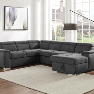 THSUPER 125'' U Shaped Sectional Sleeper Sofa with Pull Out Bed, Storage Chaise Lounge, and Adjustable Headrest, U Shaped Sectional Couches for Living Room - Dark Grey