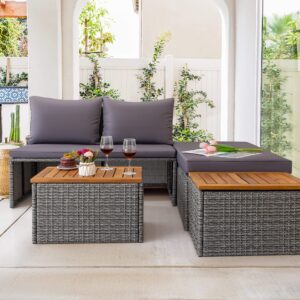 Greesum Patio Furniture Set Multifunctional Outdoor Sectional Sofa Rattan Chaise Lounge Wicker Daybed with Couch, Cushions, Storage Ottoman and 2 Side Tables for Backyard Porch Poolside Lawn, Gray