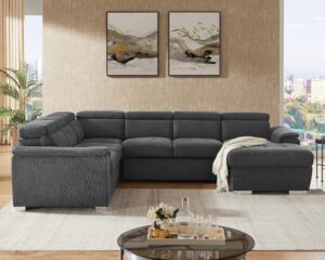 thsuper 125'' u shaped sectional sleeper sofa with pull out bed, storage chaise lounge, and adjustable headrest, u shaped sectional couches for living room - dark grey