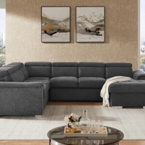 THSUPER 125'' U Shaped Sectional Sleeper Sofa with Pull Out Bed, Storage Chaise Lounge, and Adjustable Headrest, U Shaped Sectional Couches for Living Room - Dark Grey