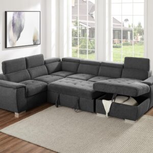 THSUPER 125'' U Shaped Sectional Sleeper Sofa with Pull Out Bed, Storage Chaise Lounge, and Adjustable Headrest, U Shaped Sectional Couches for Living Room - Dark Grey