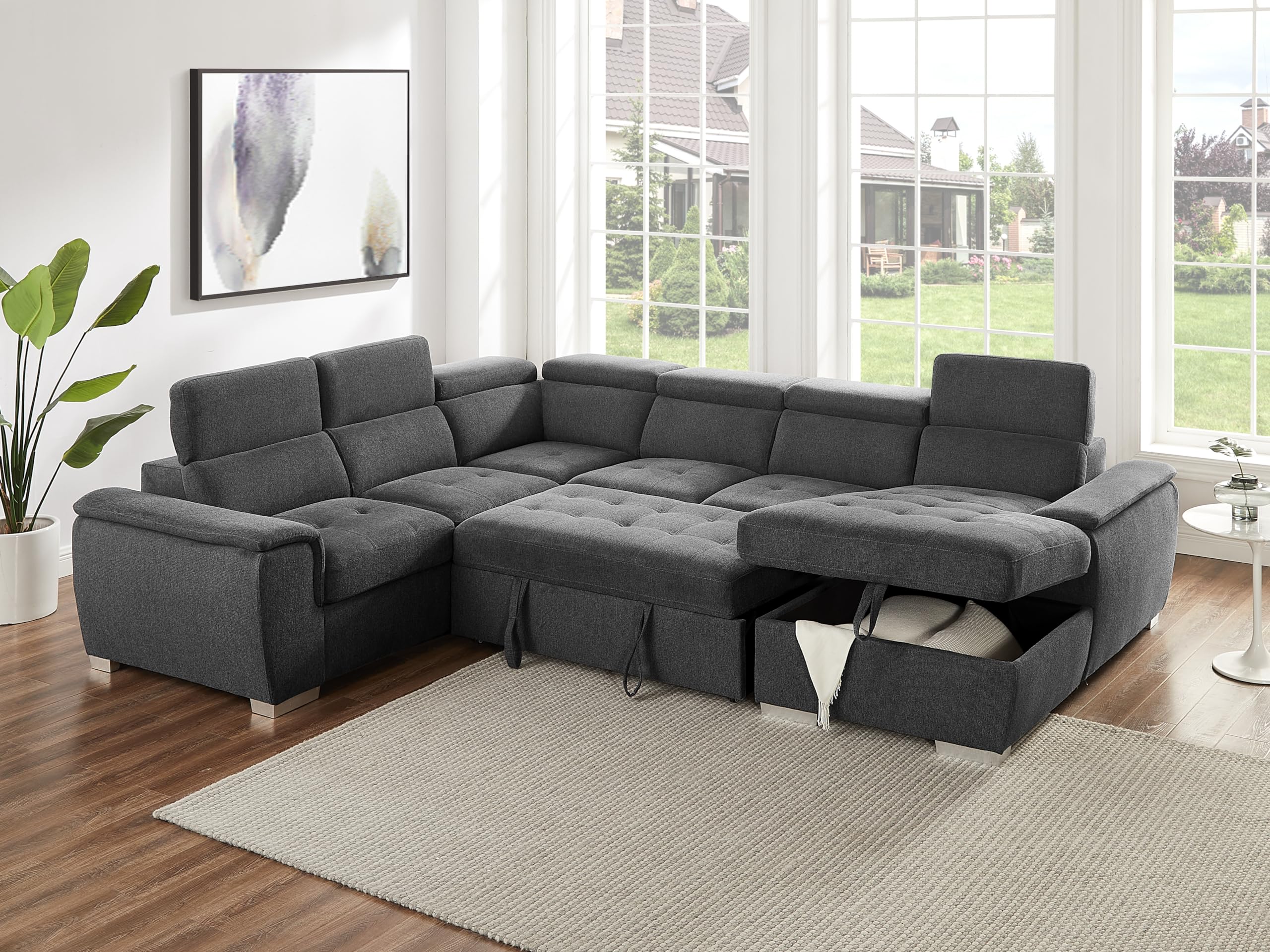 THSUPER 125'' U Shaped Sectional Sleeper Sofa with Pull Out Bed, Storage Chaise Lounge, and Adjustable Headrest, U Shaped Sectional Couches for Living Room - Dark Grey