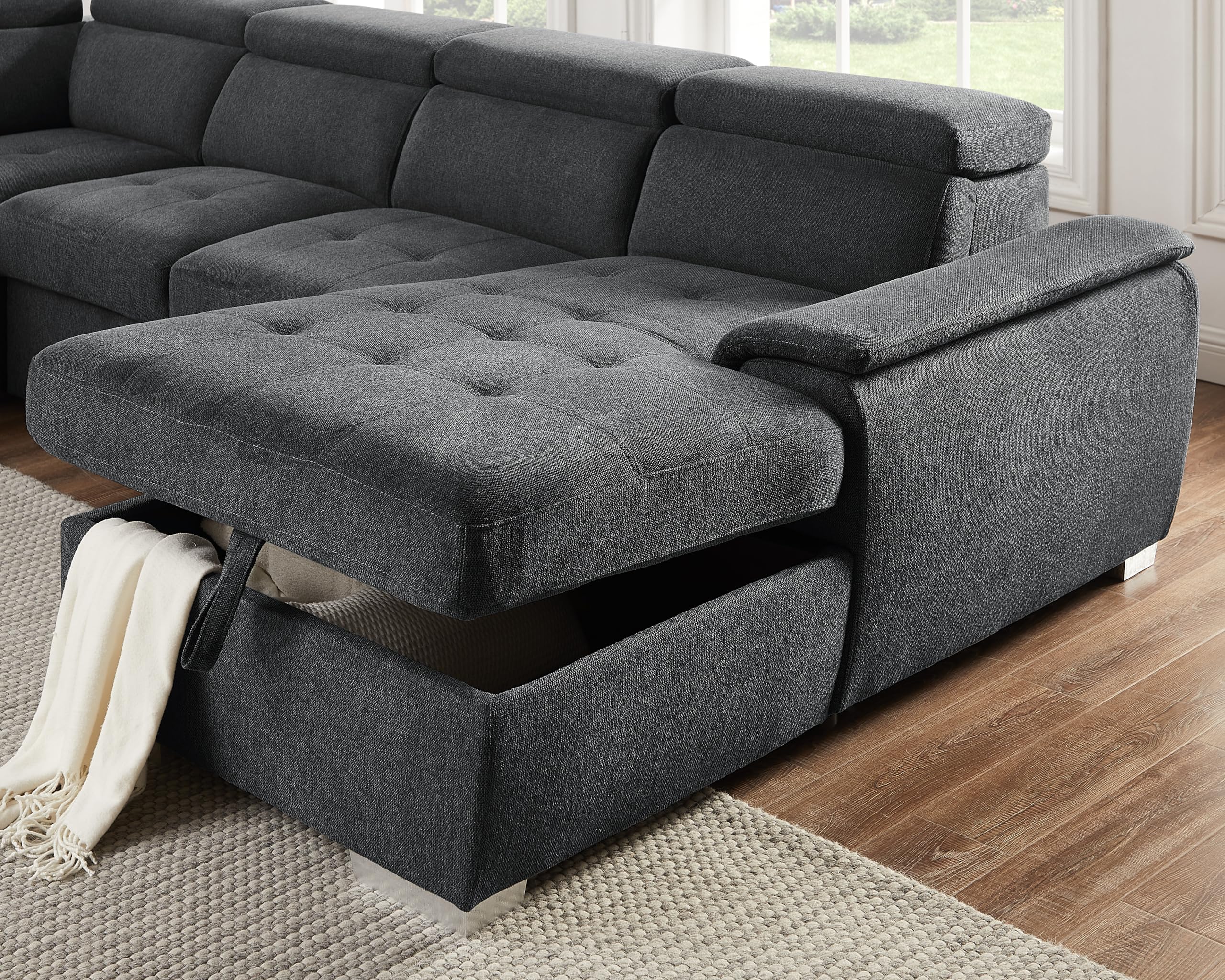 THSUPER 125'' U Shaped Sectional Sleeper Sofa with Pull Out Bed, Storage Chaise Lounge, and Adjustable Headrest, U Shaped Sectional Couches for Living Room - Dark Grey