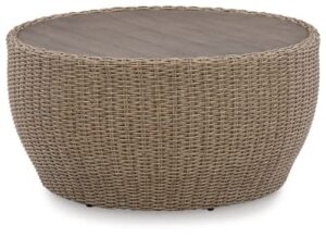 signature design by ashley danson bohemian outdoor resin wicker round coffee table, brown