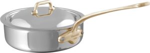 mauviel m'cook b 5-ply polished stainless steel saute pan with lid, brass & helper handle, 6.2-qt, made in france