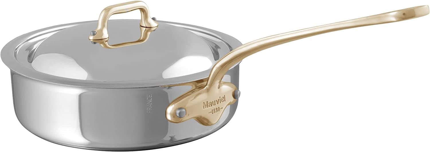 Mauviel M'Cook B 5-Ply Polished Stainless Steel Saute Pan With Lid, Brass & Helper Handle, 6.2-qt, Made In France