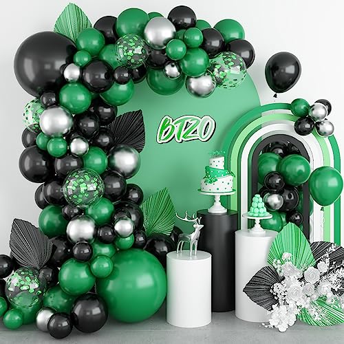 Black Green Balloon Garland,BTZO Balloons Arch Kit With Metallic Silver Green Confetti Balloons,Black and Green Balloons for Birthday Wedding Bridal Shower Graduations Party Decorations