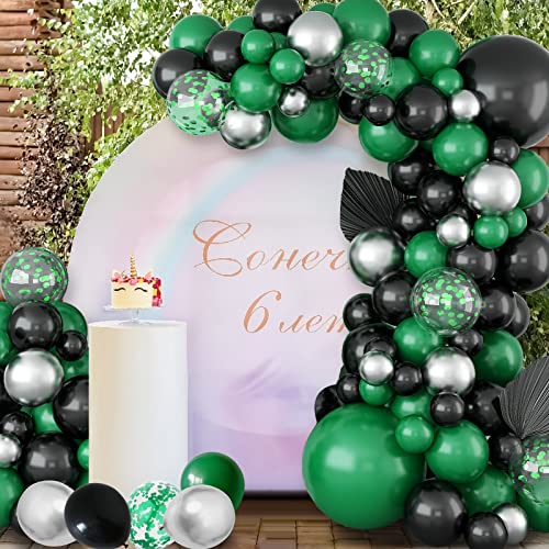 Black Green Balloon Garland,BTZO Balloons Arch Kit With Metallic Silver Green Confetti Balloons,Black and Green Balloons for Birthday Wedding Bridal Shower Graduations Party Decorations