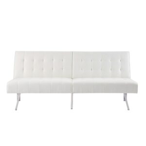 Naomi Home Tufted Split Back Futon Sofa Bed, Faux Leather Couch Bed, Futon Convertible Sofa Bed with Chrome Legs, Folding, Reclining Small Convertible Couch, Futon Couches for Living Room White