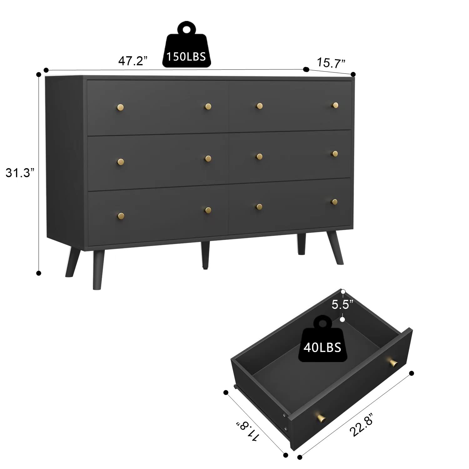 SINROM Black Dresser for Bedroom, Modern 6 Drawer Dresser, Wide Chest of Drawers with Gold Handles, Wood Double Dresser Storage Cabinet for Living Room, Bedroom, Hallway