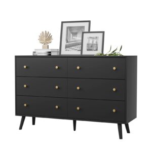 sinrom black dresser for bedroom, modern 6 drawer dresser, wide chest of drawers with gold handles, wood double dresser storage cabinet for living room, bedroom, hallway