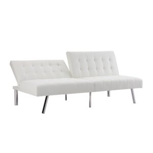 Naomi Home Tufted Split Back Futon Sofa Bed, Faux Leather Couch Bed, Futon Convertible Sofa Bed with Chrome Legs, Folding, Reclining Small Convertible Couch, Futon Couches for Living Room White