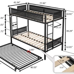 Harper & Bright Designs Metal Bunk Bed Twin Over Twin with Trundle, Heavy Duty Bunk Beds with Texteline Guardrails and Wood Slats, Twin Bunk Bed for Kids Boys Girls Dormitory Bedroom, Black