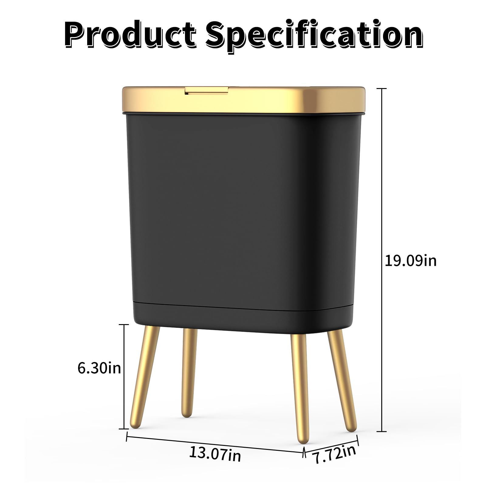 Procade Office Trash Can with Lid, Black Bathroom Trash Can with Gold Edge, Modern Narrow Garbage Can with Legs, Slim Plastic Trash Bin for Bedroom, Living Room,Kitchen,Toilet, 4 Gallon