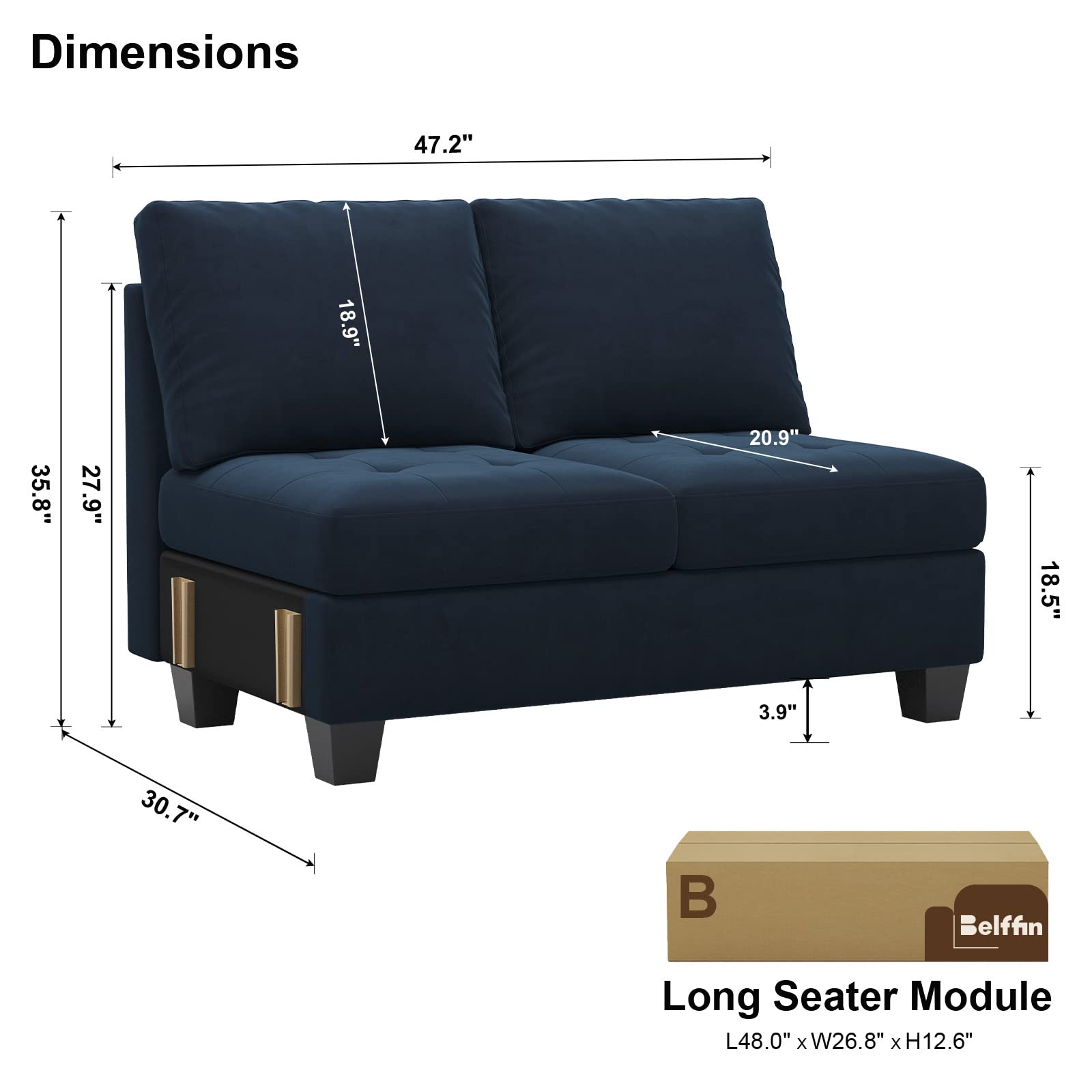 Belffin Velvet Long 2-Seat Module for Modular Sofa Sectional Couch Accent Armless 2 Seater Sofa Couch Chair Modern Fabric Blue