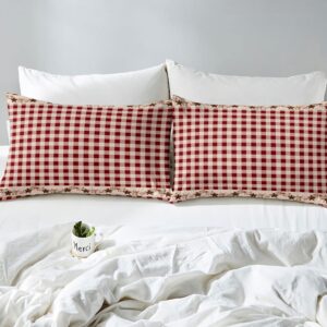 LUVIVIHOME 3PCS Red Plaid Duvet Cover Queen Bedding, Pink Bedding, Primitive Rustic Country Farmhouse Bedding, Christmas Bedding, Checkered Buffalo Plaid Comforter Bedspread Quilt Cover 2 Pillow Shams