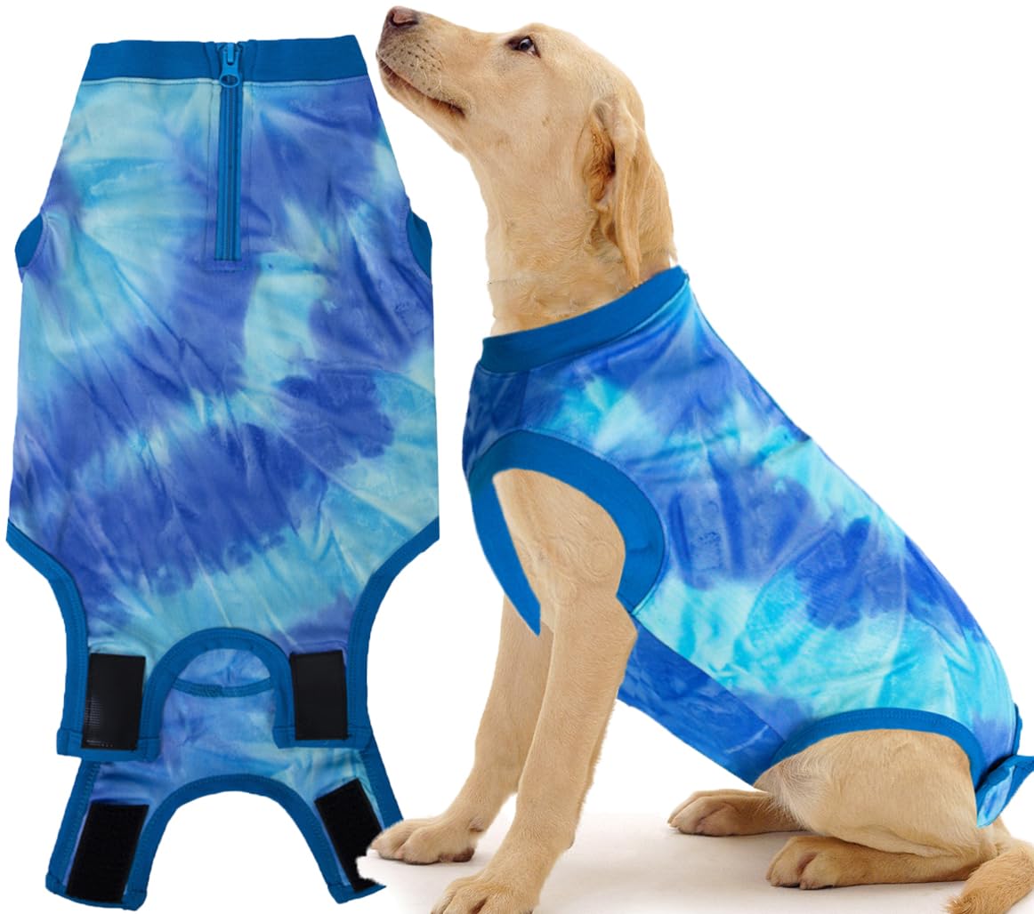 Wabdhaly Dog Zipper Recovery Suit for Male Neuter Surgery,Female Spay Recover Onesie,Dogs Abdominal Wounds Sutures Bodysuit,E-Collar & Cone Alternative Surgical Large Recovery Suit,Tie Dye Blue XL