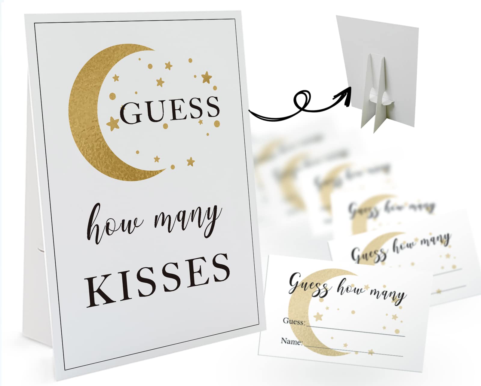 Guess How Many Kisses Are in the Jar Game-1 Standing Sign and 50 Guessing Cards, Golden Moon Bridal Shower Games, Baby Shower Sign, for Boys Girls Baby Shower Favors and Weddings Party Decoration-18