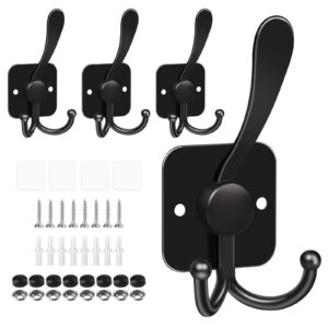 vis'v coat hooks wall mount, black metal coat tri hooks heavy duty adhesive 3 prong coat hanger hooks door wall coat rack hooks for livingroom bathroom camper 2 mount options - 4 pcs