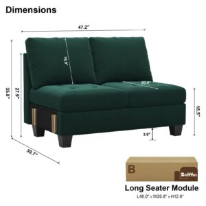 Belffin Velvet Long 2-Seat Module for Modular Sofa Sectional Couch Accent Armless 2 Seater Sofa Couch Chair Modern Fabric Green