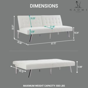 Naomi Home Tufted Split Back Futon Sofa Bed, Faux Leather Couch Bed, Futon Convertible Sofa Bed with Chrome Legs, Folding, Reclining Small Convertible Couch, Futon Couches for Living Room White