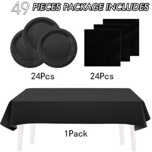 24 Guests Black Paper Plates Including 24 Black Plates, 24 Napkins and 1 Tablecloth for Birthday Wedding Graduation Parties