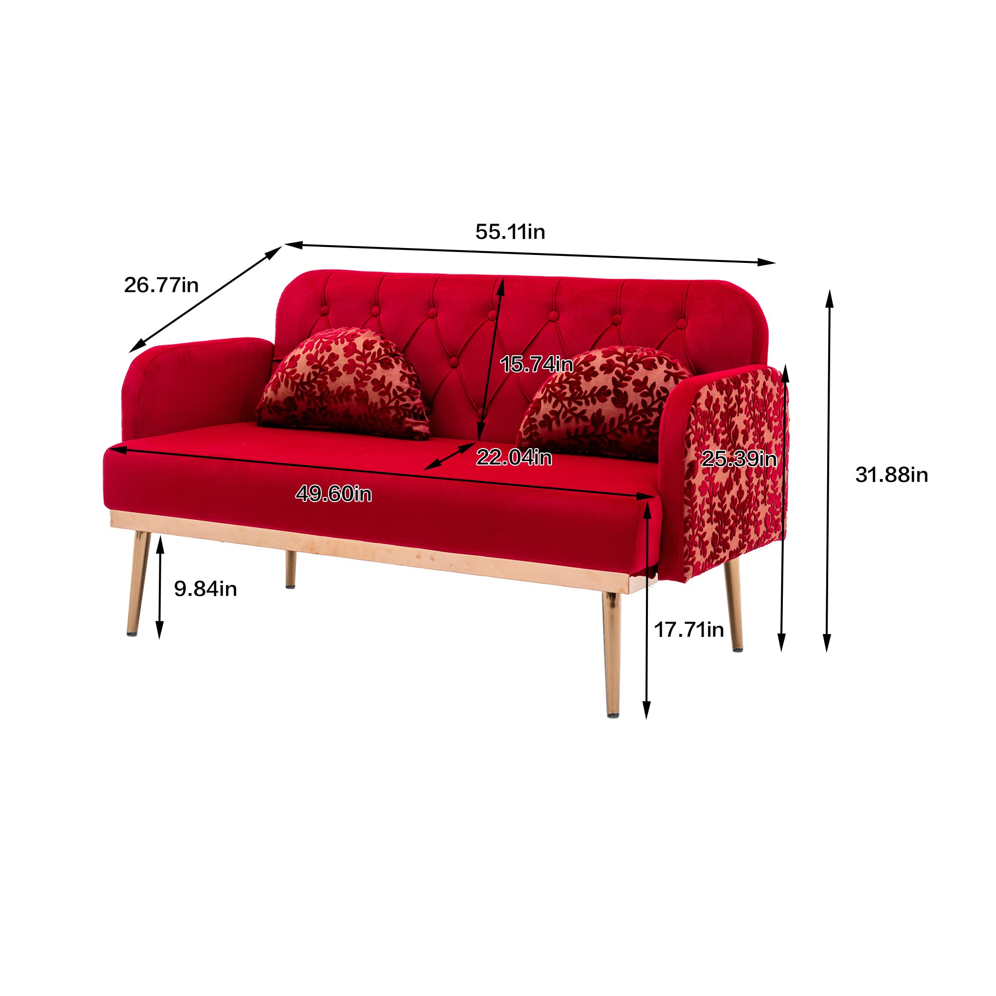 Small Velvet Couch, 55" Accent Sofa, Mid Century Modern Velvet Fabric Couch, Recliner Couch Accent Sofa Loveseat Sofa with Metal Feet, 600 Pounds Weight Capacity (Red, 55")