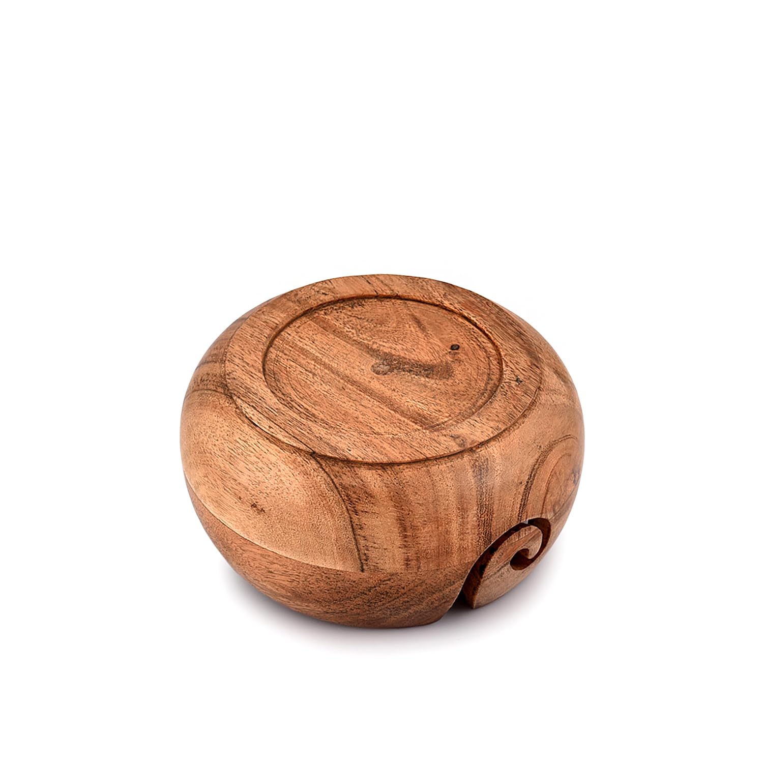 Samhita Acacia Wood Wooden Yarn Bowl for Crocheting & Knitting Hand Made by Indian Artisans Birthday Gifts for Mom & Knitting Lovers (6" x 6" x 3")