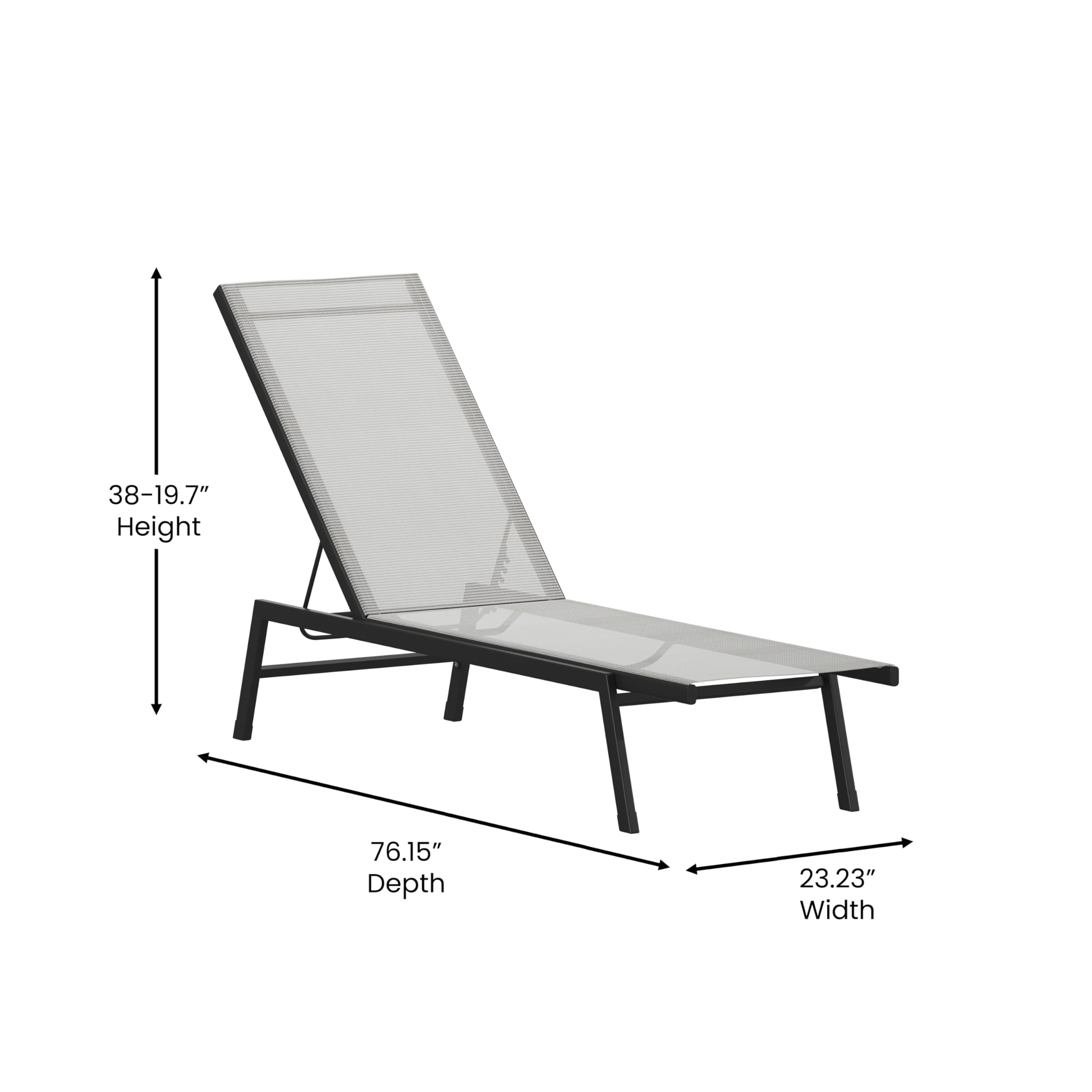 EMMA + OLIVER Braelin Adjustable Patio Chaise Lounge - Gray Textilene Seat - Armless Design - 5 Recline Positions - Metal Frame - All-Weather