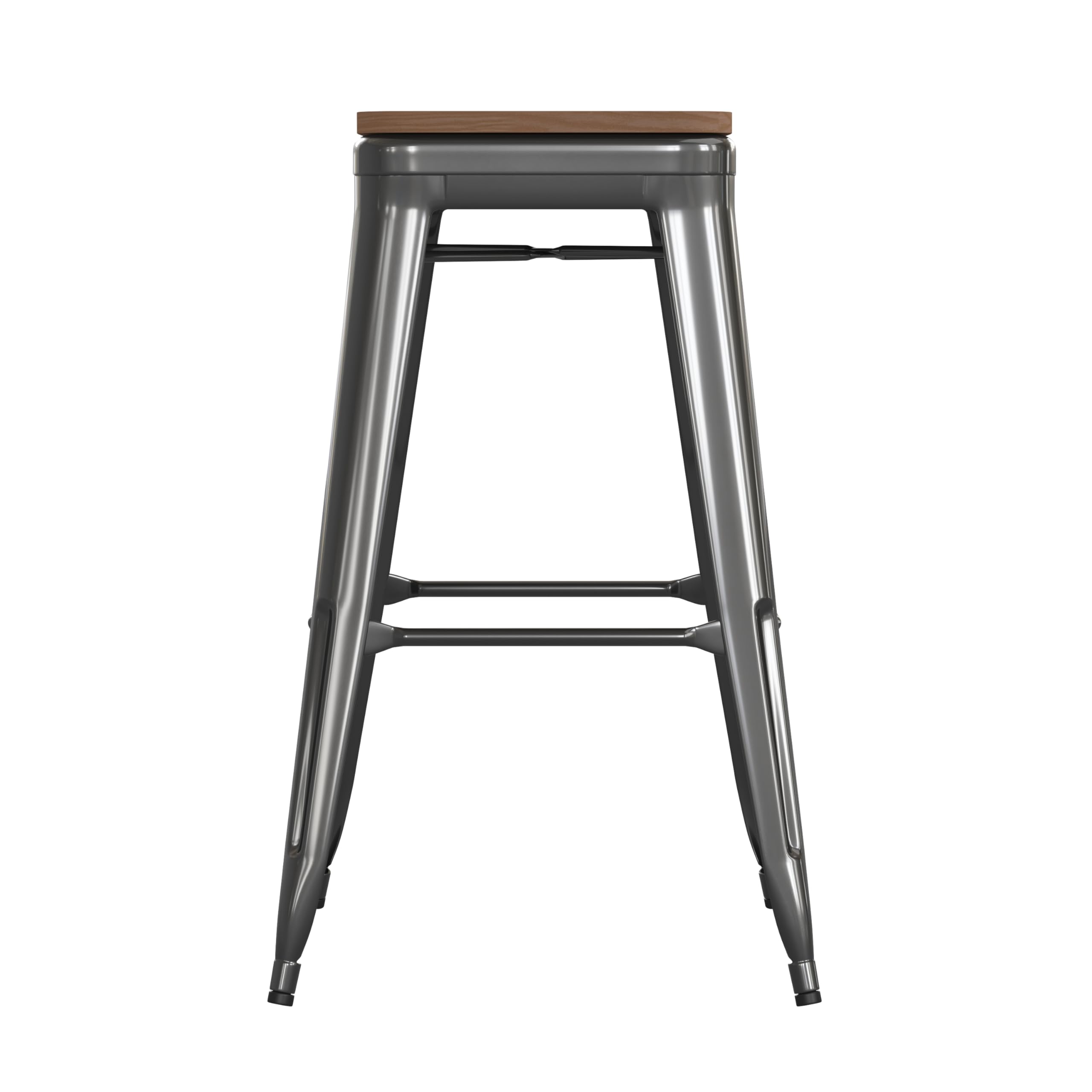 EMMA + OLIVER Kam 30" High Backless Bar Stool - Black Metal Frame - Teak Polyresin Seat - for Indoor/Outdoor Use