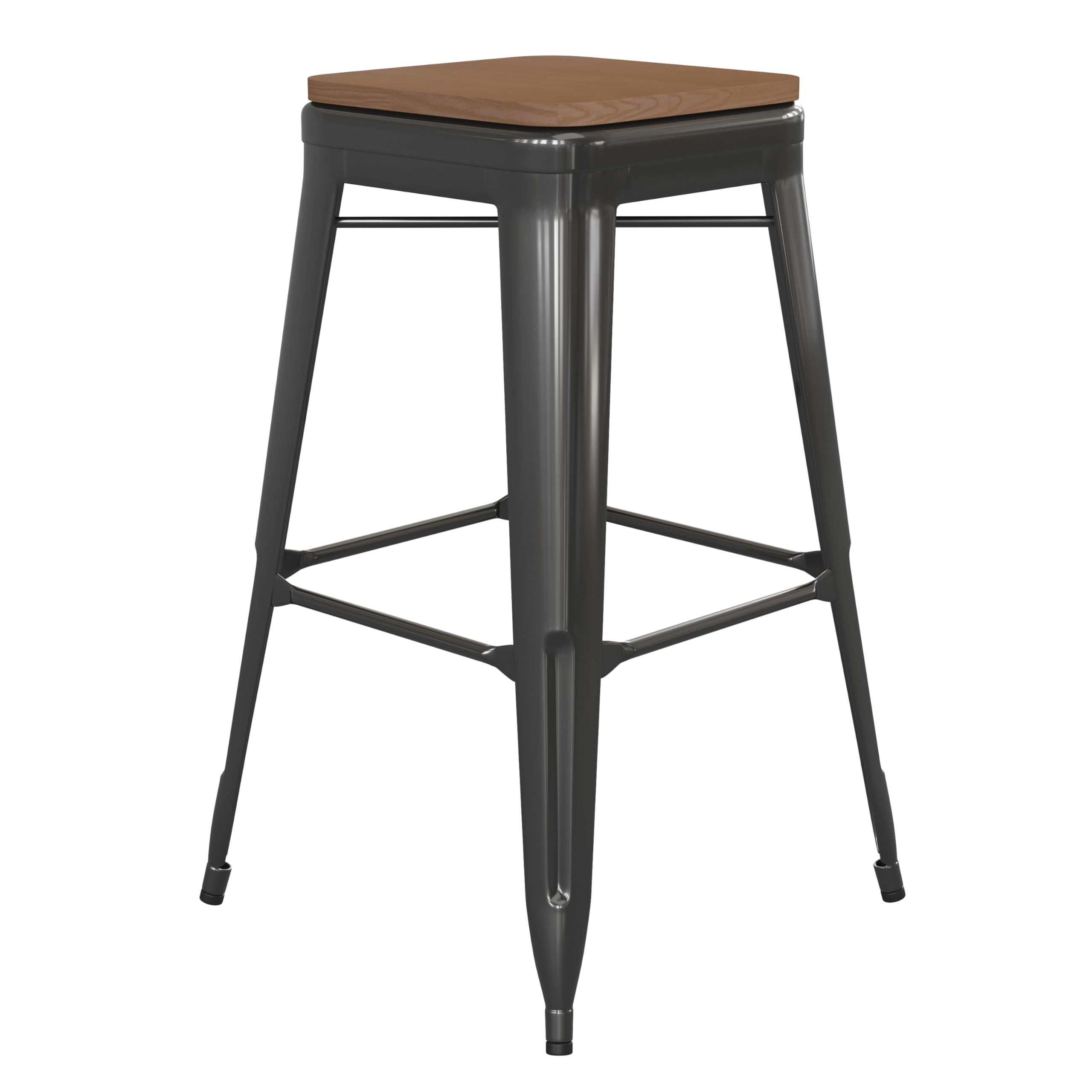 EMMA + OLIVER Kam 30" High Backless Bar Stool - Black Metal Frame - Teak Polyresin Seat - for Indoor/Outdoor Use