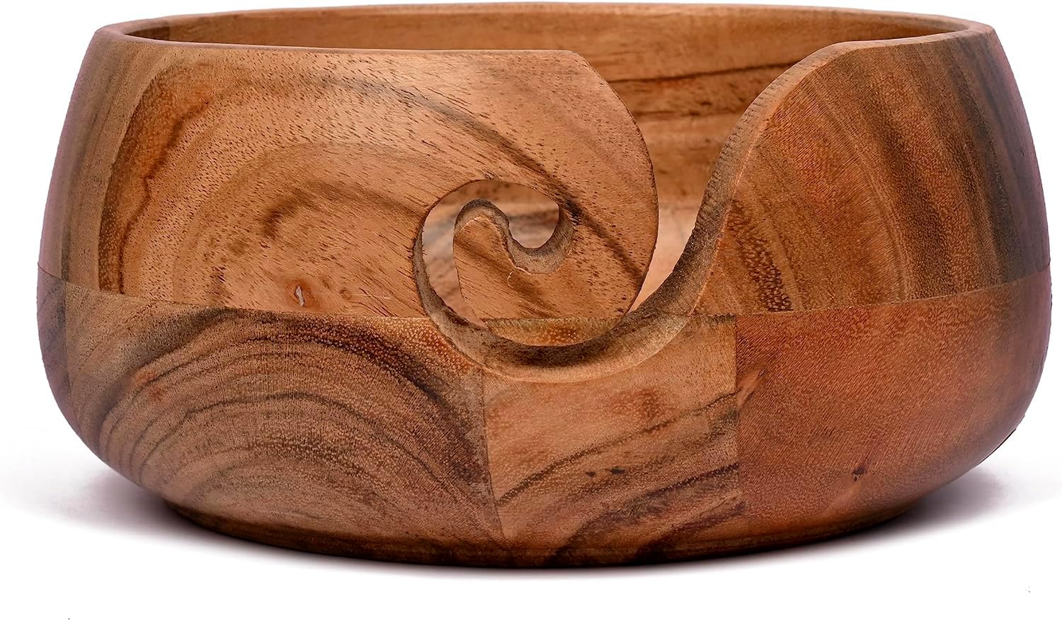 Samhita Acacia Wood Wooden Yarn Bowl for Crocheting & Knitting Hand Made by Indian Artisans Birthday Gifts for Mom & Knitting Lovers (6" x 6" x 3")