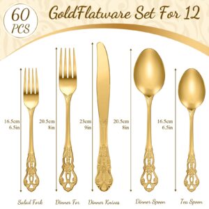 Dandat 60 Pcs Retro Royal Silverware Set Service for 12, Stainless Steel Flatware Set Tableware Cutlery Utensils Set Include Spoon Fork Knife Set for Home Restaurant Kitchen Wedding(Gold, 60 Pcs)