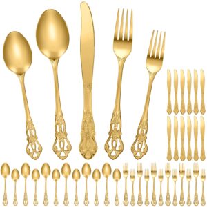 dandat 60 pcs retro royal silverware set service for 12, stainless steel flatware set tableware cutlery utensils set include spoon fork knife set for home restaurant kitchen wedding(gold, 60 pcs)