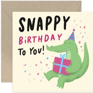 old english co. snappy birthday card for him or her - funny crocodile birthday greeting card for child or adult - playful pun party crocodile birthday card for grandchild | blank inside with envelope