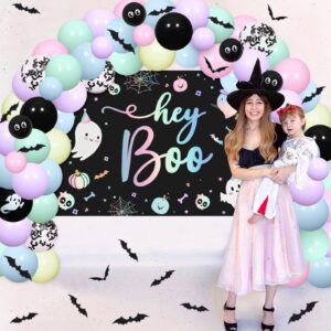 Pastel Halloween Party Decorations Halloween Balloon Garland Arch Kit with Hey Boo Backdrop Bat Wall Stickers for Halloween Baby Shower Birthday Party Supplies