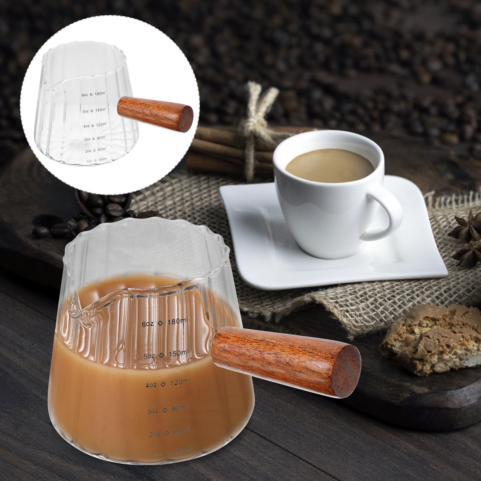 Espresso Shot Glass Measuring Cup 6Oz Triple Pitcher Milk Cup with Wood Handle Glass Side Pour Tea Pot Coffee Replacement Carafes for Milk Espresso Making