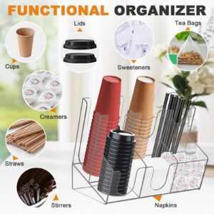 Tragaomx Clear Acrylic Coffee Cup and Lid Holder Organizer for Cups Display Straw Condiment Stirrer Sweeteners Napkins Cup Dispenser Countertop for Home Kitchen Office Coffee Station Bar Organizer