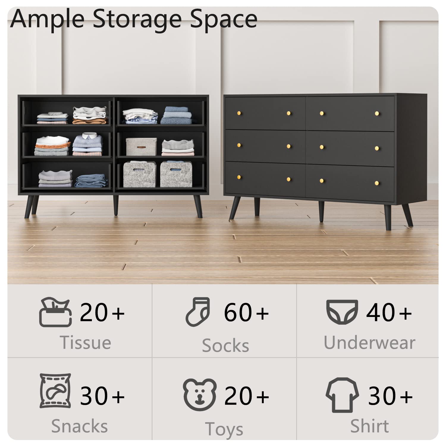 SINROM Black Dresser for Bedroom, Modern 6 Drawer Dresser, Wide Chest of Drawers with Gold Handles, Wood Double Dresser Storage Cabinet for Living Room, Bedroom, Hallway