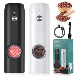 electric salt and pepper grinder set (2 pack), usb rechargeable one hand operation, adjustable coarseness mill grinders shakers led light, automatic pepper grinder for kitchen gadgets gifts