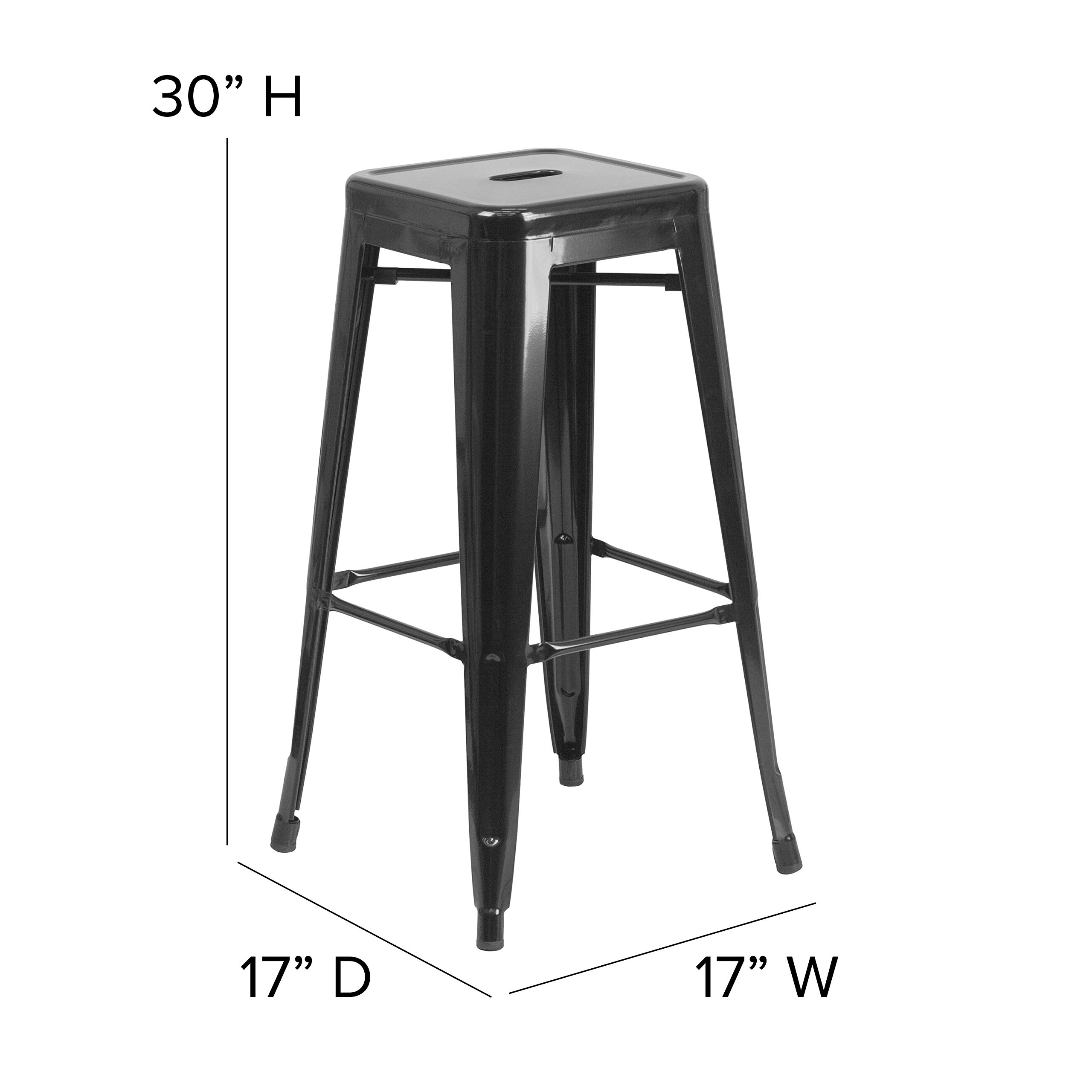 EMMA + OLIVER Kam 30" High Backless Bar Stool - Black Metal Frame - Teak Polyresin Seat - for Indoor/Outdoor Use