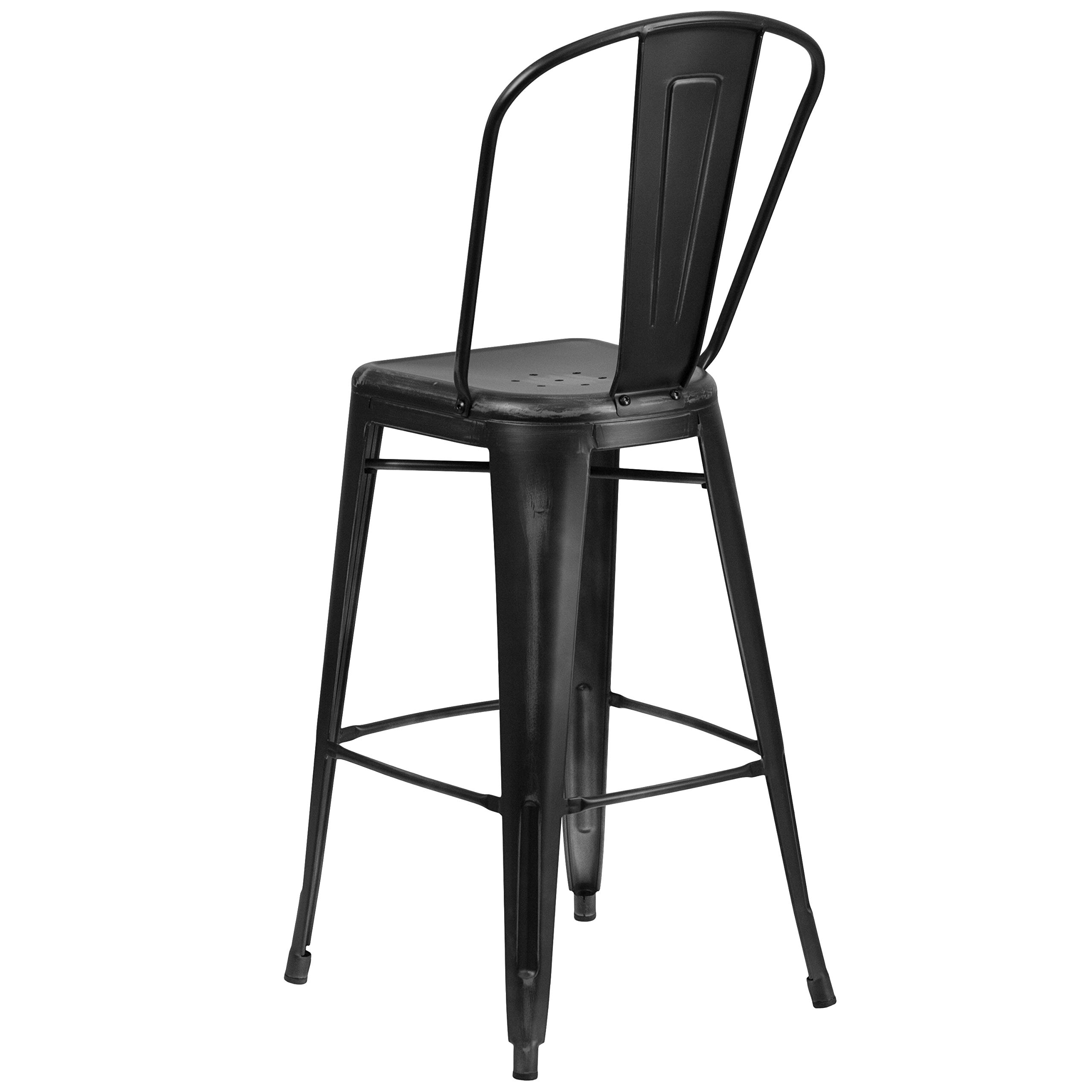 EMMA + OLIVER 4 Pack 30" High Distressed Black Metal Indoor-Outdoor Barstool with Back