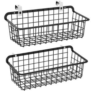 ispecle 2 pack black metal wall basket, durable and sturdy, adds storage space in bathroom and kitchen, easy to install, holds up to 11lb