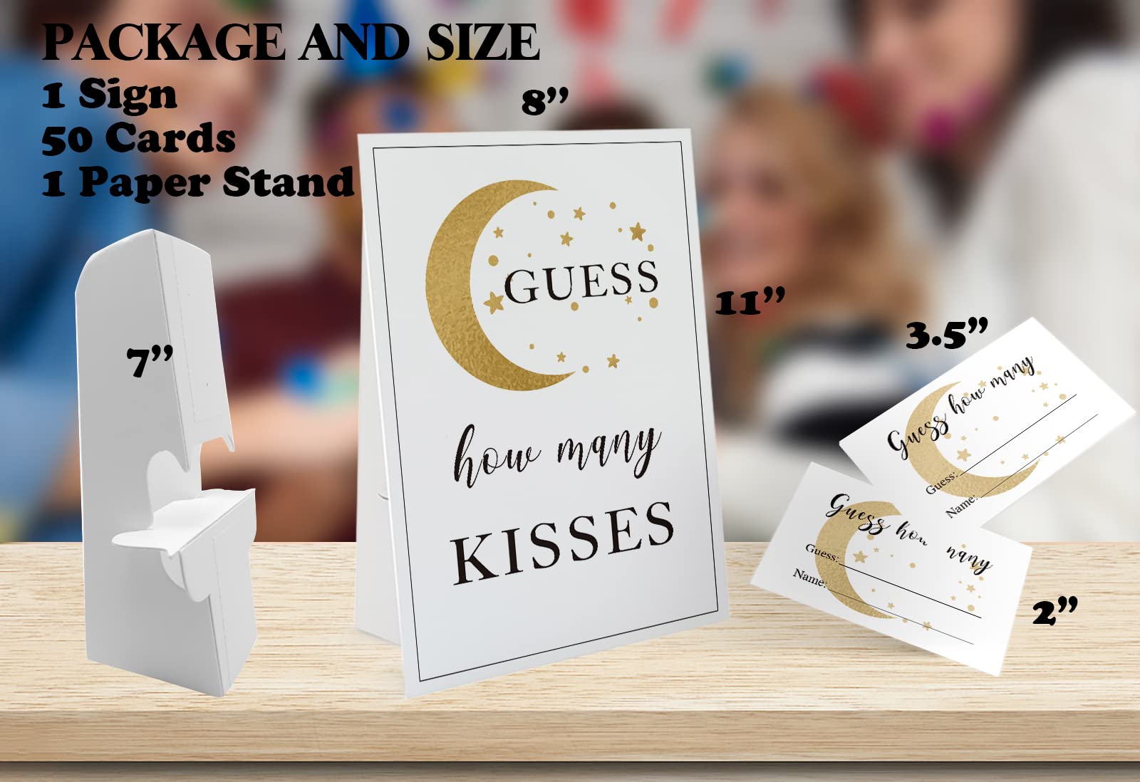 Guess How Many Kisses Are in the Jar Game-1 Standing Sign and 50 Guessing Cards, Golden Moon Bridal Shower Games, Baby Shower Sign, for Boys Girls Baby Shower Favors and Weddings Party Decoration-18