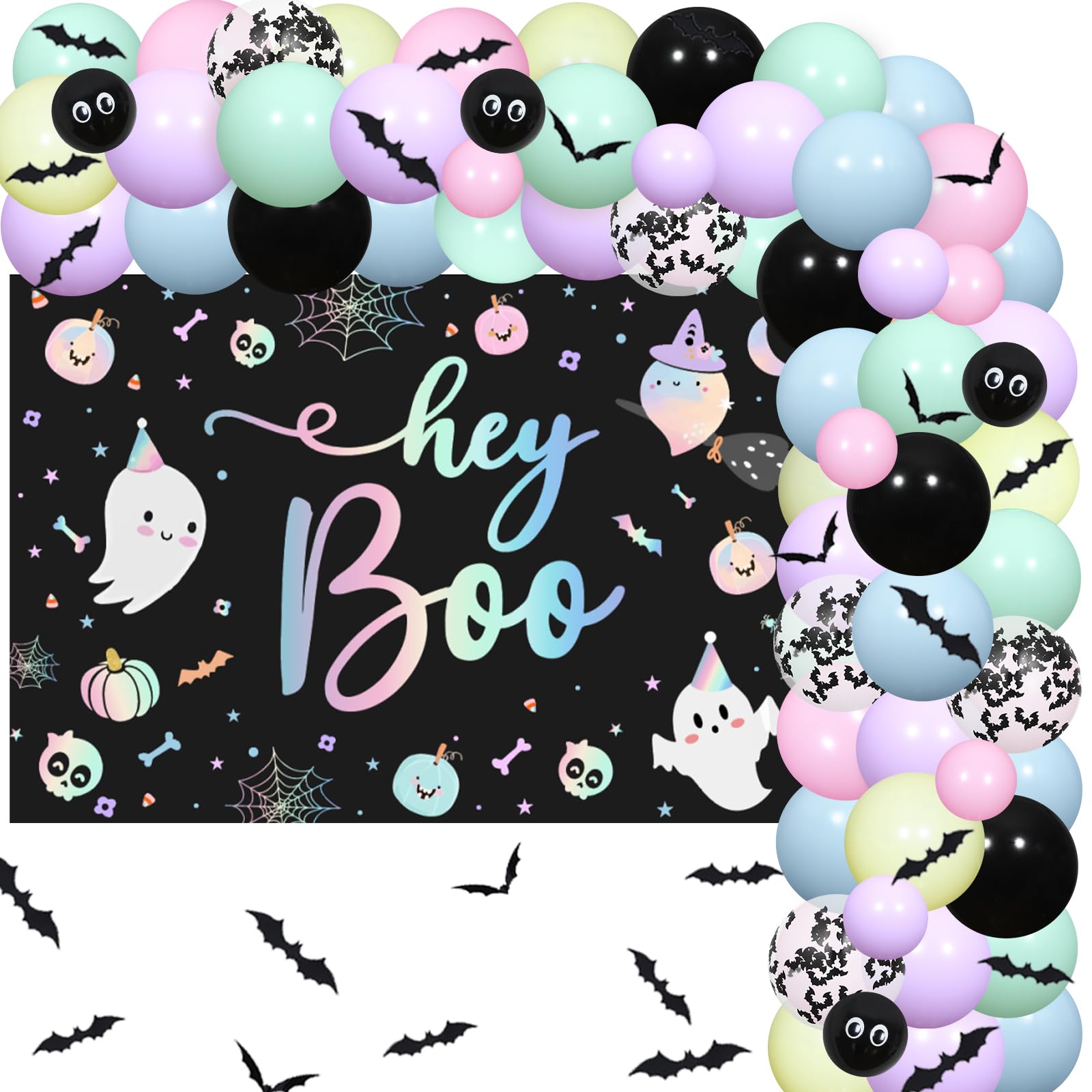 Pastel Halloween Party Decorations Halloween Balloon Garland Arch Kit with Hey Boo Backdrop Bat Wall Stickers for Halloween Baby Shower Birthday Party Supplies