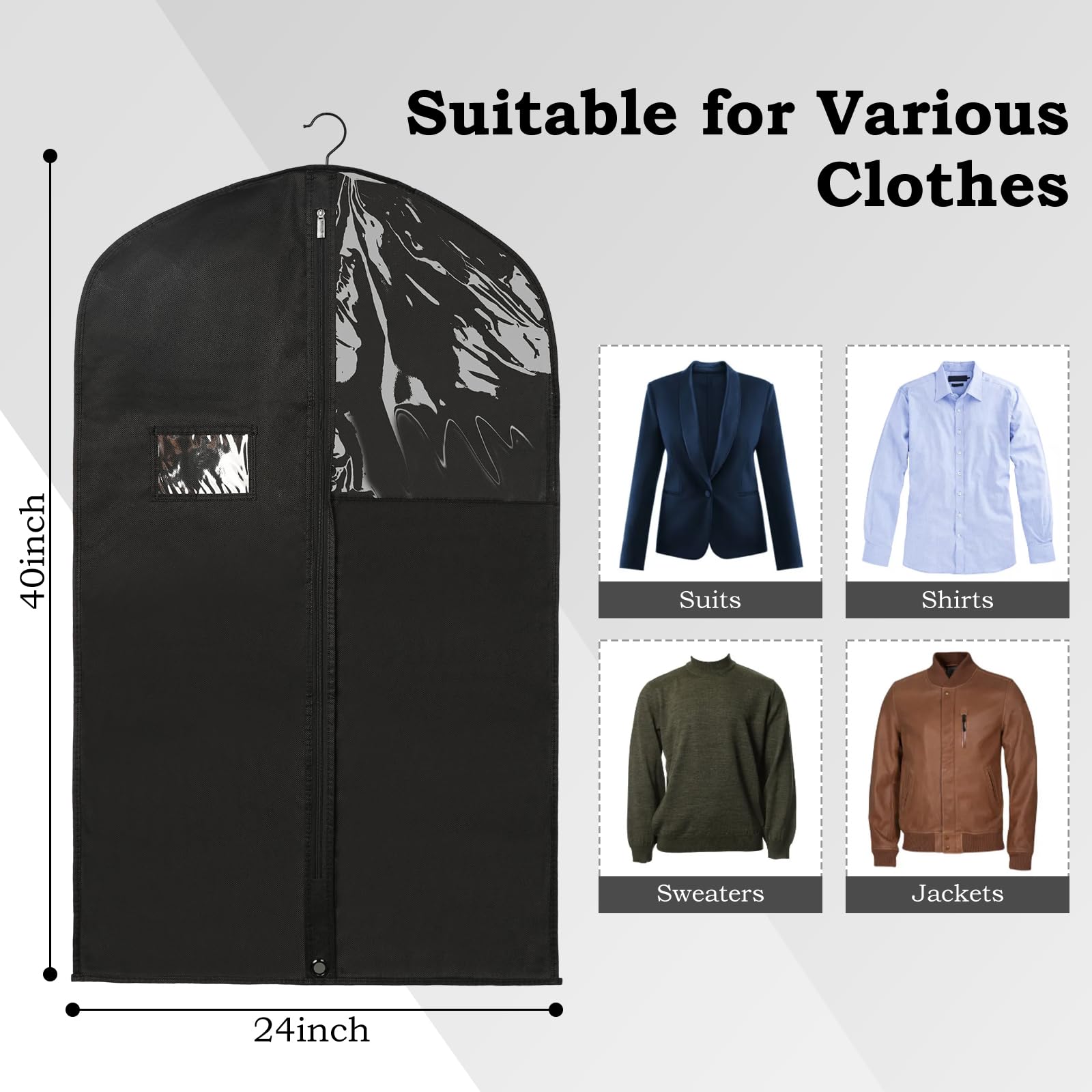 AUZEKER 40" Garment Bags for Hanging Clothes, Suit Bags for Closet Storage, Suit Cover with Clear Window Suit Cover Bags Breathable Garment Covers for Suits/Shirts/Coats/Jackets, Black Set of 5