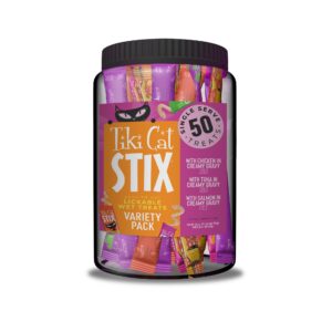 tiki cat stix mousse treats, variety mega jar, single serve indulgent lickable treat or dry food topper, 50 count, 25 oz. (0.5 oz./stick)