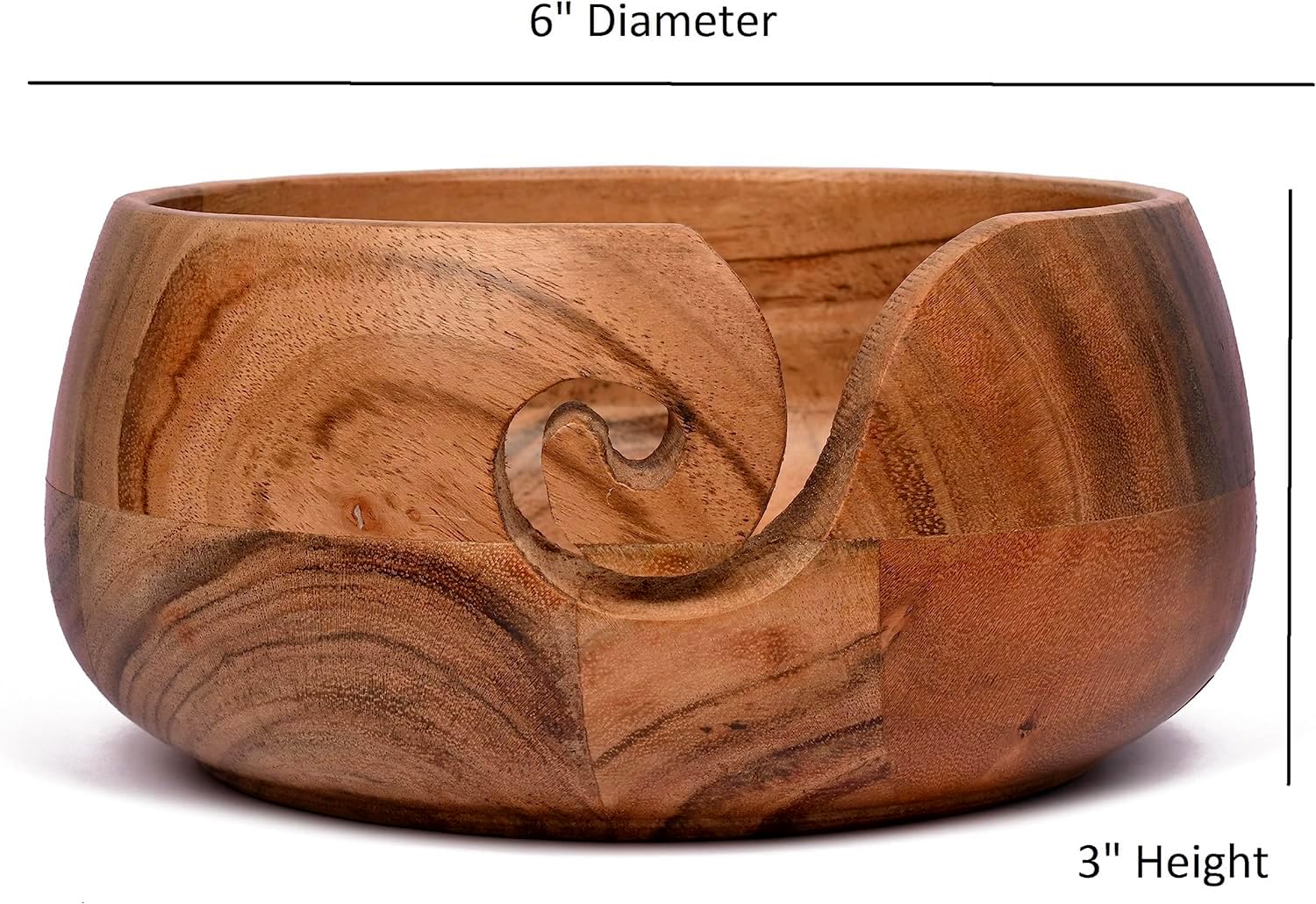 Samhita Acacia Wood Wooden Yarn Bowl for Crocheting & Knitting Hand Made by Indian Artisans Birthday Gifts for Mom & Knitting Lovers (6" x 6" x 3")